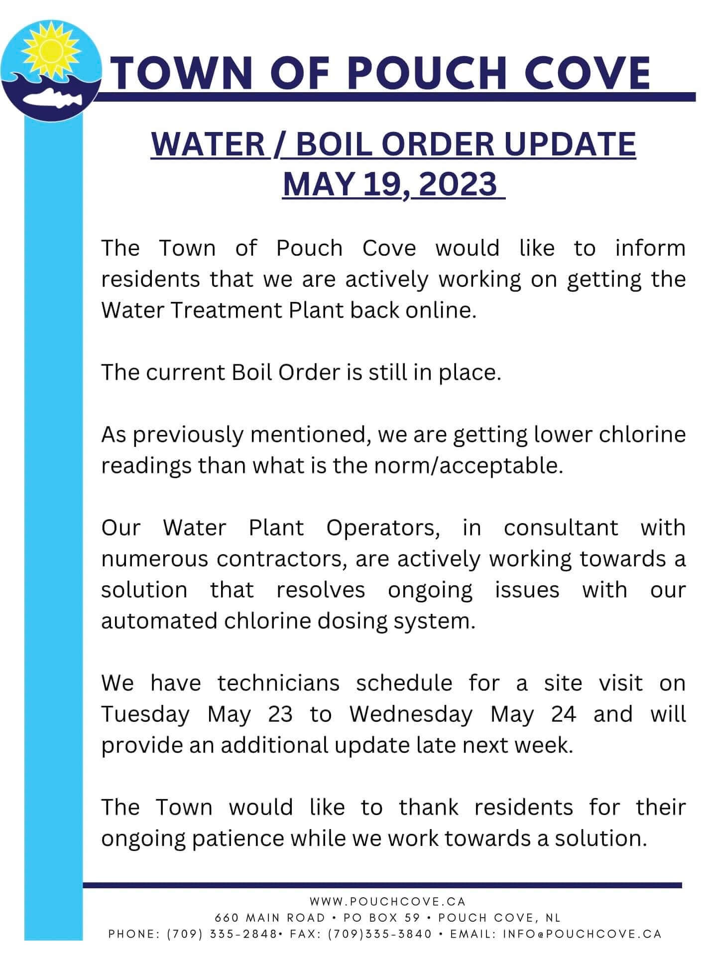 Water/Boil Order Update - May 19, 2023 | Pouch Cove